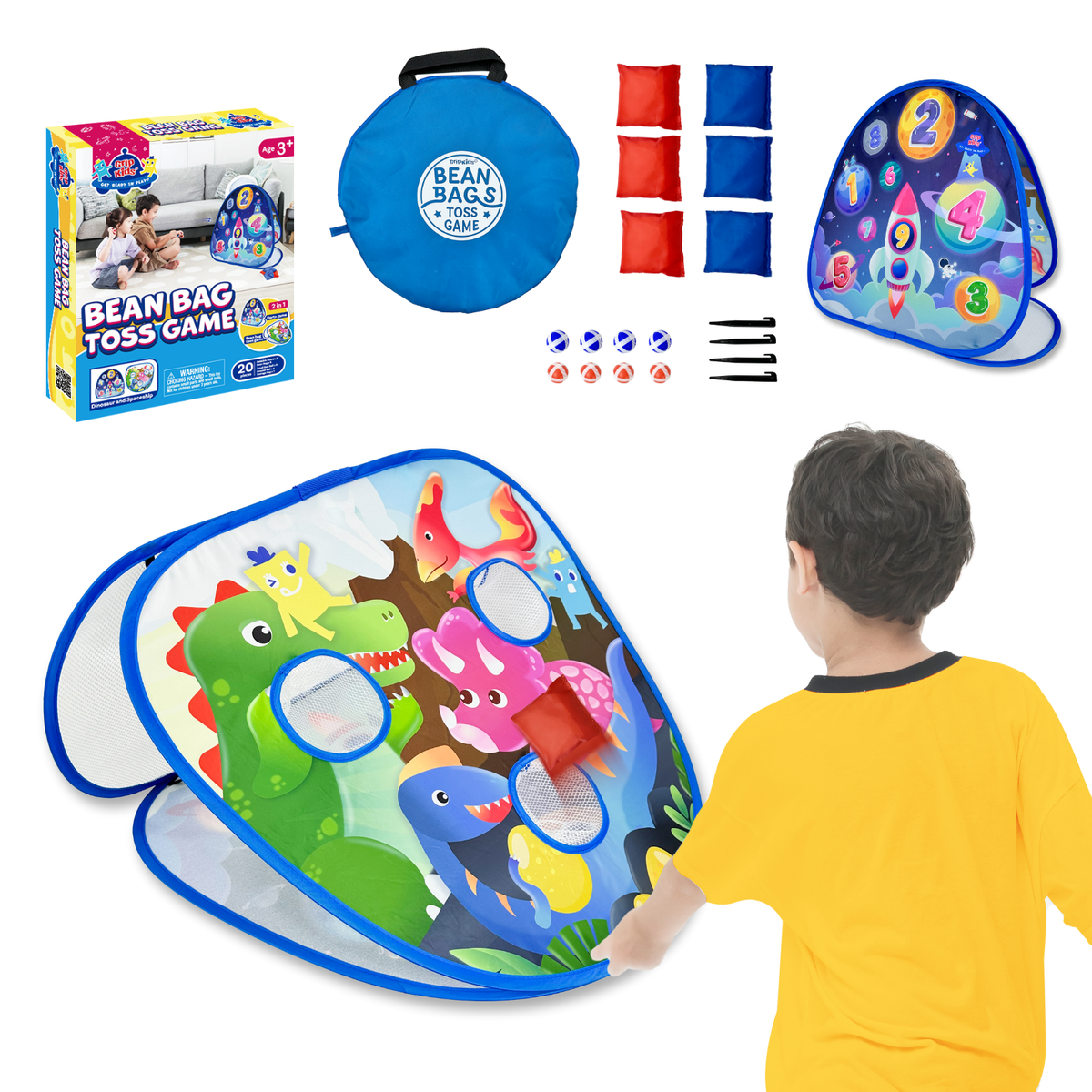 Grip Kids 2 in-1 Dinosaur and Spaceship Bean Bag Toss Game – Double-Si