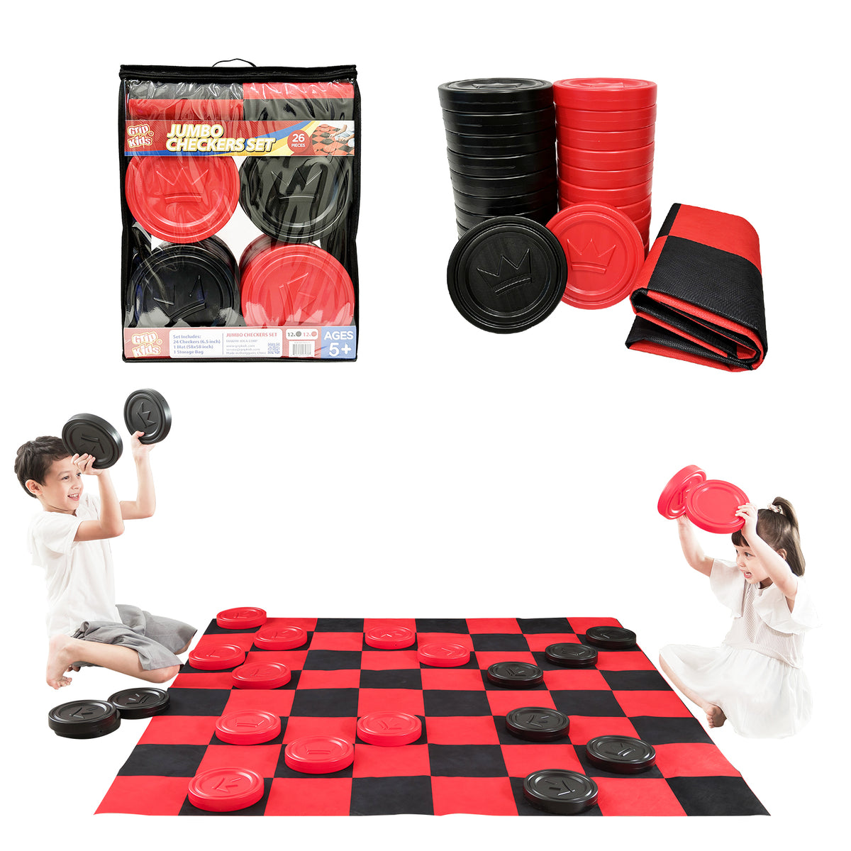 Grip Kids Jumbo Checkers Set with Storage Bag